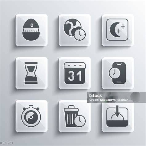 시간 낭비 일몰 알람 시계 앱 모바일 캘린더 스톱워치 오래된 모래 시계 주방 타이머 및 달과 별 아이콘을 설정합니다 벡터