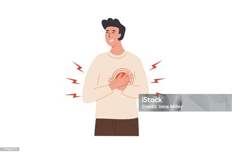가슴에 닿는 심장 통증을 가진 젊은 남자 심장 장애 심장마비를 겪고 있는 사람 흰색 배경에 고립된 벡터 그림입니다 심장 질환에 대한 스톡 벡터 아트 및 기타 이미지 Istock