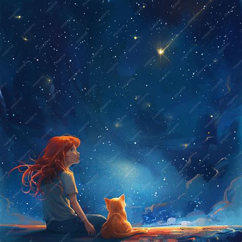 Anime Girl Sitting On The Ground With A Cat Looking At The Stars