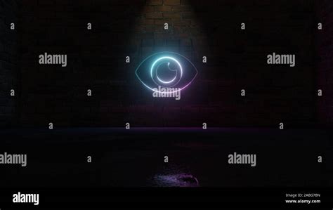 3d Rendering Of Blue Violet Neon Symbol Of Open Eye On Dark Brick Wall Background With Wet