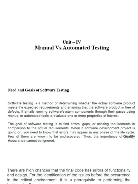 Manual Vs Automated Testing Pdf Software Testing Unit Testing