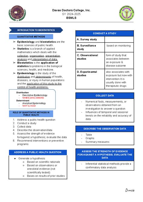 Biostat 1 Lesson 1 Davao Doctors College Inc SY 2024 BSMLS Epidemiology And Biostatistics