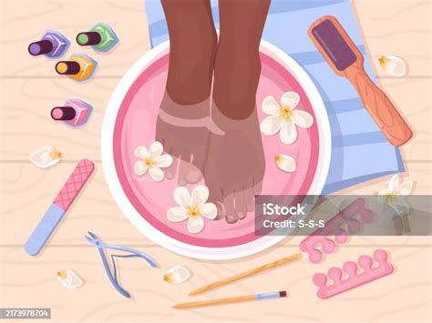 페디큐어 목욕 꽃잎 평면도 네일 케어 도구 다리 부드러운 피부 여자 발 손톱 치료 뷰티 살롱 스파 절차 멋진 벡터 일러스트 레이 션과 여성 피트 스파 그릇 가꿔주기에 대한