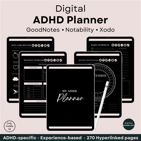 Adhd Dark Mode Planner Goodnotes Planner Ipad Planner Adhd Digital Journal Ipad Black