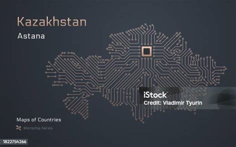 카자흐스탄 카자흐스탄 수도가 아스타나로 표시된 지도 마이크로칩 패턴으로 표시 전자 정부 카자흐스탄에 대한 스톡 벡터 아트 및 기타 이미지 Istock
