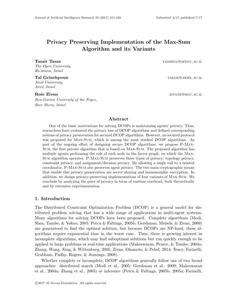 Pdf Privacy Preserving Implementation Of The Max Sum Algorithm And