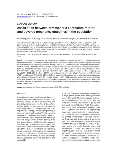Pdf Association Between Atmospheric Particulate Matter And Adverse Pregnancy Outcomes In The