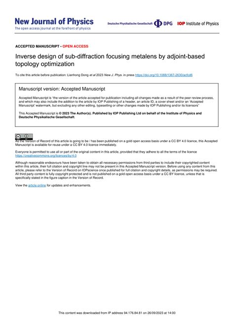 Pdf Inverse Design Of Sub Diffraction Focusing Metalens By Adjoint Based Topology Optimization
