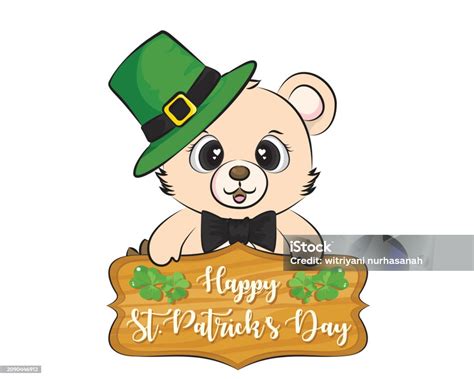 클로버와 함께 성 패트릭의 모자를 쓰고 있는 만화 행복 한 곰 벡터 일러스트 레이 션 세인트 패트릭의 날 레프러콘에 대한 스톡 벡터 아트 및 기타 이미지 Istock