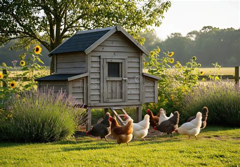 Charming Rustic Chicken Coop In Serene Countryside With Sunflowers And