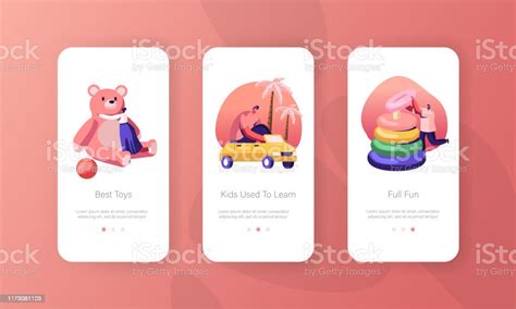 유치원 모바일 앱 페이지 온보드 화면 세트에서 아기 장난감으로 게임을하는 사람들 웹 사이트 또는 웹 페이지 만화 플랫 벡터 일러스트에 대한 아이들을위한 놀이와 어린 시절