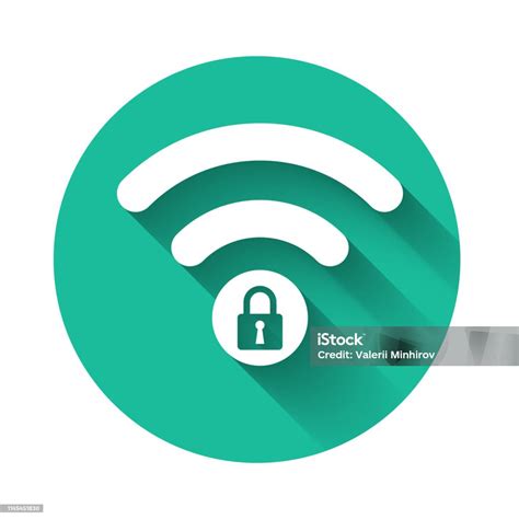 긴 그림자와 고립 된 흰색 와이파이 잠금 기호 아이콘 암호 Wifi 기호입니다 무선 네트워크 아이콘입니다 와이파이 존 녹색 원 버튼을 클릭 합니다 벡터 일러스트 0명에 대한