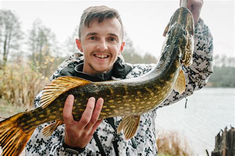 행복 한 쾌활 한 젊은 어부의 호수와 자연의 배경에 큰 물고기 파이크를 개최 합니다 낚시 배경입니다 좋은 캐치 트로피 물고기 낚시꾼 헤드샷 닫습니다 가까운에 대한 스톡 사진
