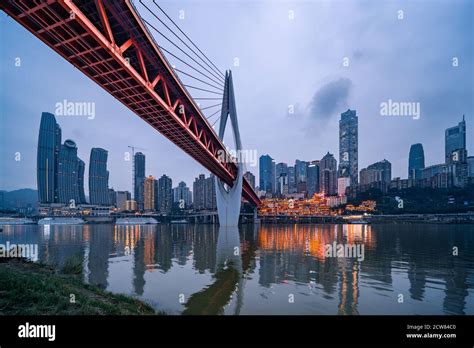 The Night View Of Qiansimen Bridge And The Skyline In Chongqing China