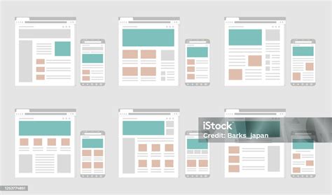 웹 페이지 와이어 프레임 레이아웃 일러스트 레이션 세트 Pc 브라우저 스마트 폰웹 디자인 템플릿 설계도에 대한 스톡 벡터 아트 및 기타 이미지 Istock