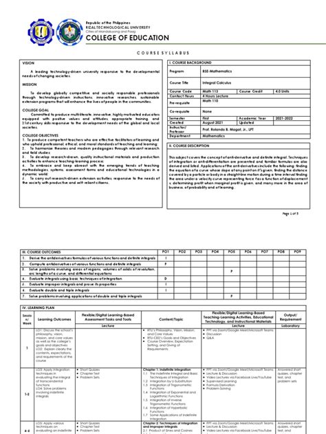 Course Syllabus Math 113 Integral Calculus Pdf Trigonometric Functions Integral