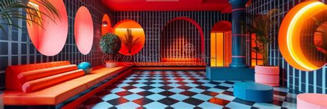 A Room With Vibrant Colors And A Checkered Floor Pattern Stock