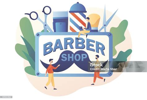 이발소 미용실 작은 남자와 이발사는 머리와 수염을 돌봅니다 헤어 스타일 수염 트리밍 및 면도 서비스 개념 현대 플랫 만화 스타일 흰색 배경의 벡터 그림 가위에 대한 스톡