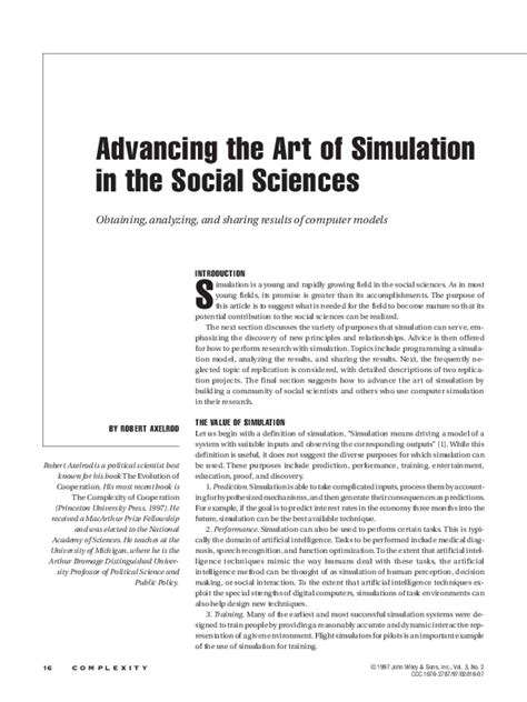 Pdf Advancing The Art Of Simulation In The Social Sciences