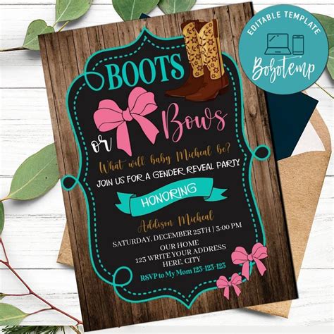 Boots Or Bows Gender Reveal Invitation Printable Diy Bobotemp
