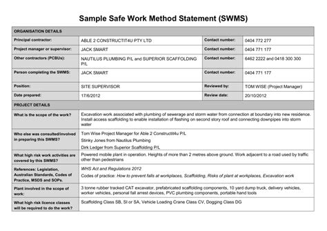 Safe Work Method Statement Template Employee Onboarding Template