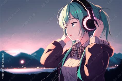 Girl With Headphones Anime Style Wallpaper Ai Stock Illustration