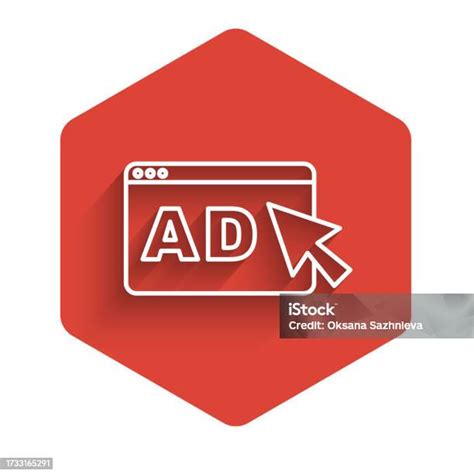 긴 그림자로 격리 된 화이트 라인 광고 아이콘 마케팅 및 홍보 프로세스의 개념 반응형 광고 소셜 미디어 광고 빨간 육각 버튼 벡터 간판에 대한 스톡 벡터 아트 및 기타