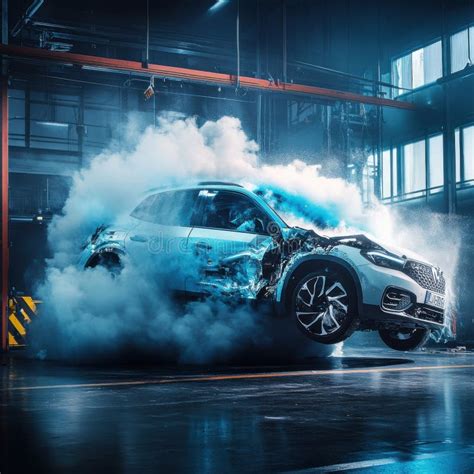 Dynamic Crash Test Simulation Showing The Moment Of Impact With Airbags Deploying For Car Safety