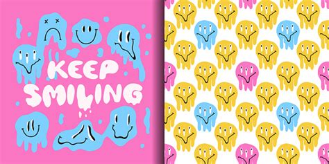 녹는 얼굴 미소 짓는 문구를 유지하십시오 블루 그루비 이모티콘 녹는 재미있는 캐릭터와 레터링 70 년대 히피 사이키델릭 카드 인쇄 또는 포스터 원활한 패턴 벡터 만화 플랫