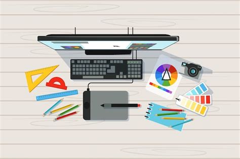 디자이너 직장 Pc 화가 태블릿 연필 색상 팔레트 작업 공간 그림에서 디자이너 직장 화가 예술가의 벡터 만화 배경 프리미엄 벡터