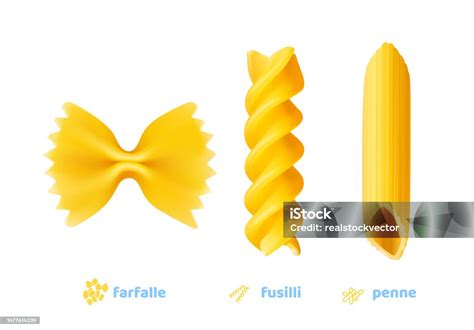 사실적인 파르팔레 펜네 푸실리 파스타를 높이 평가합니다 흰색 배경에 격리된 벡터 그림 짐 싸기에 대한 스톡 벡터 아트 및 기타 이미지 Istock