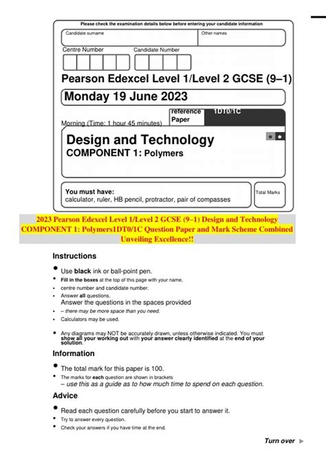 2023 Pearson Edexcel Level 1level 2 Gcse 91 Design And Technology Component 1 Polymers1dt0