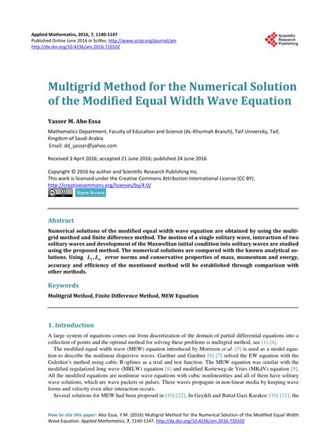 PDF Multigrid Method For The Numerical Solution Of The Modified Equal Width Wave Equation