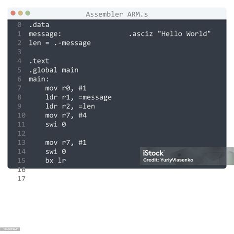 Assembler Arm Language Hello World Program Sample In Editor Window Illustration Stock
