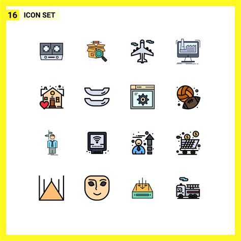 16 Thematic Vector Flat Color Filled Lines And Editable Symbols Of Estate Production Airplane