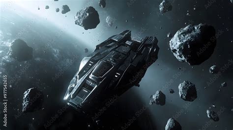 Asteroid And Spacecraft A Futuristic Spacecraft Navigating Through A