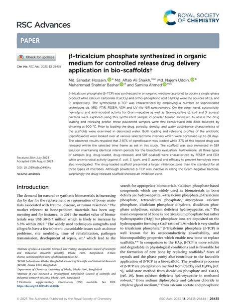 Pdf β Tricalcium Phosphate Synthesized In Organic Medium For Controlled Release Drug Delivery