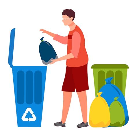 Premium Vector Man Throwing Garbage Into Recycling Bin Ecofriendly Behavior Simple Flat Design