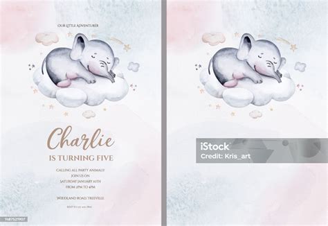 수채화는 달과 구름 위에서 자고 있는 귀여운 아기 코끼리의 그림을 손으로 그렸습니다 베이비 샤워 테마 초대장 생일 템플릿