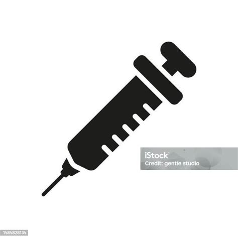 바늘 실루엣 아이콘이 있는 주사기 의료용 인젝터 글리프 픽토그램 백신 주사 아이콘입니다 예방 접종 독감 질병 징후 예방 접종 의료 장비 격리된 벡터 그림 독감 예방접종에