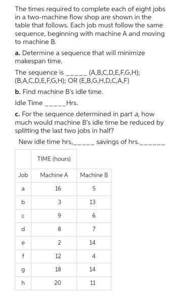 Answered The Times Required To Complete Each Of Eight Jobs In A Two Machine Flow Shop Are Shown
