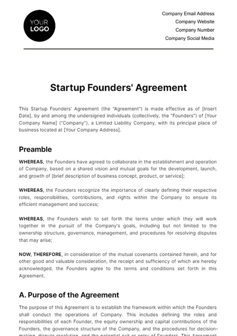 Free Startup Agreement Templates Editable And Printable