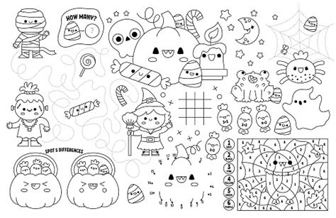 아이들을 위한 벡터 카와이 할로윈 플레이스매트 미로가 있는 가을 휴가 인쇄 가능한 활동 매트 Tic Tac Toe 차트 점을 연결하고 차이점을 찾습니다 흑백 가을 놀이 매트