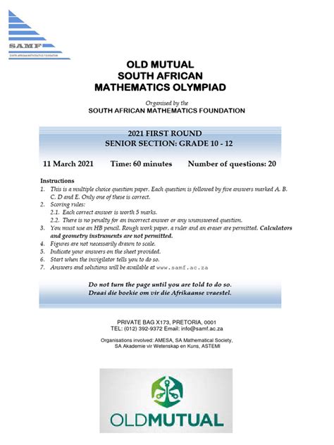 Old Mutual South African Mathematics Olympiad Pdf Euclid