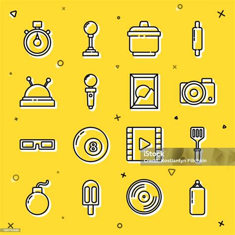 세트 라인 펀칭 백 주걱 사진 카메라 요리 냄비 아케이드 기계용 조이스틱 바늘 침대 및 바늘 스톱워치 및 그림 풍경 아이콘 벡터 Brand Name Video Game에