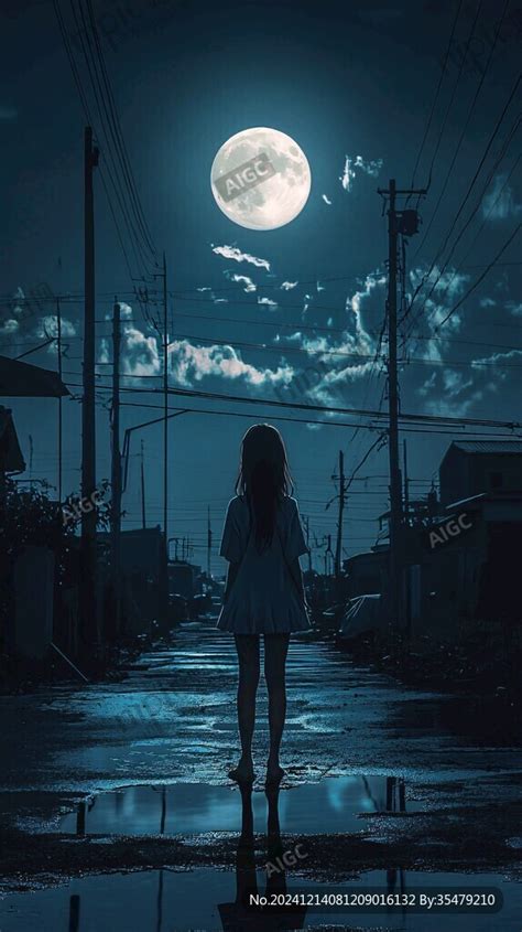 Ai创作图月光插画月光下 蓝月夜梦幻唯美奇幻 蓝色月光下 月光下女孩 月下少女 月色街 追月光的少年 望月球 月光青夜 白月光唯美 满月照插画 唯美夜晚图 街灯下玩耍的女孩 月圆之夜中秋夜景