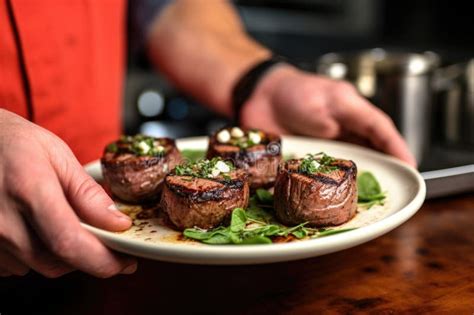 Hands Presenting A Grilled Filet Mignon With Garnish Stock Image Image Of Steak Meal 300277113