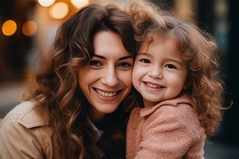 Ai Generativa Retrato Sonriente Madre Amorosa Abrazando Adorable Hijita Foto Premium