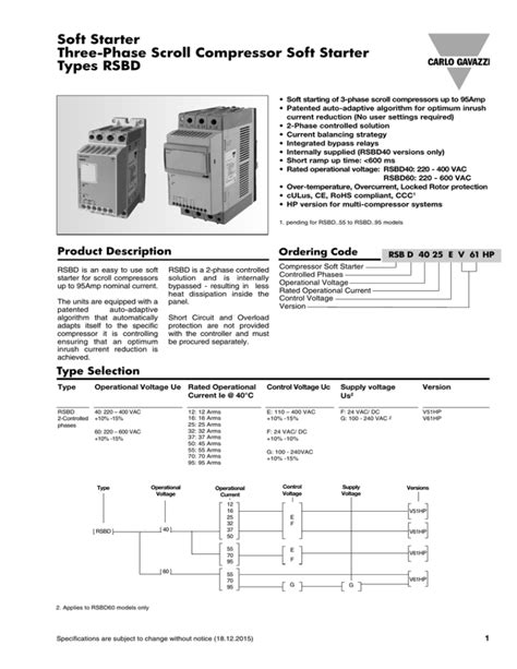 Rsbd Soft Starter Datasheet 3 Phase Scroll Compressors