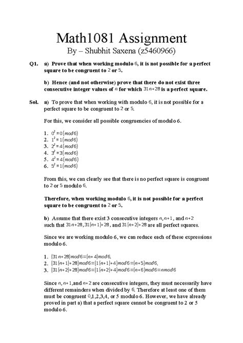 Discrete Mathematics Math1081 Document Math1081 Assignment By Shubhit Saxena Z5460966 Q1